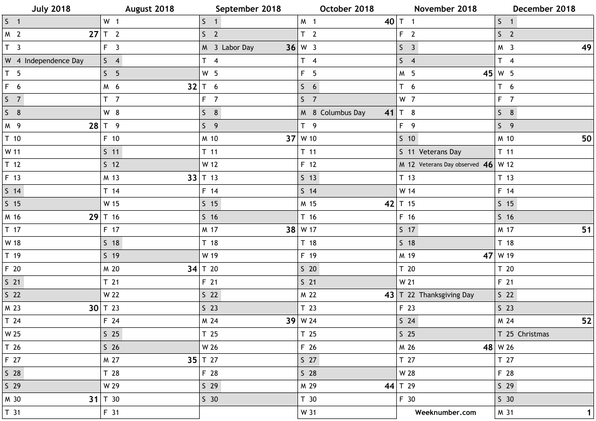 2018 calendar, 2nd half